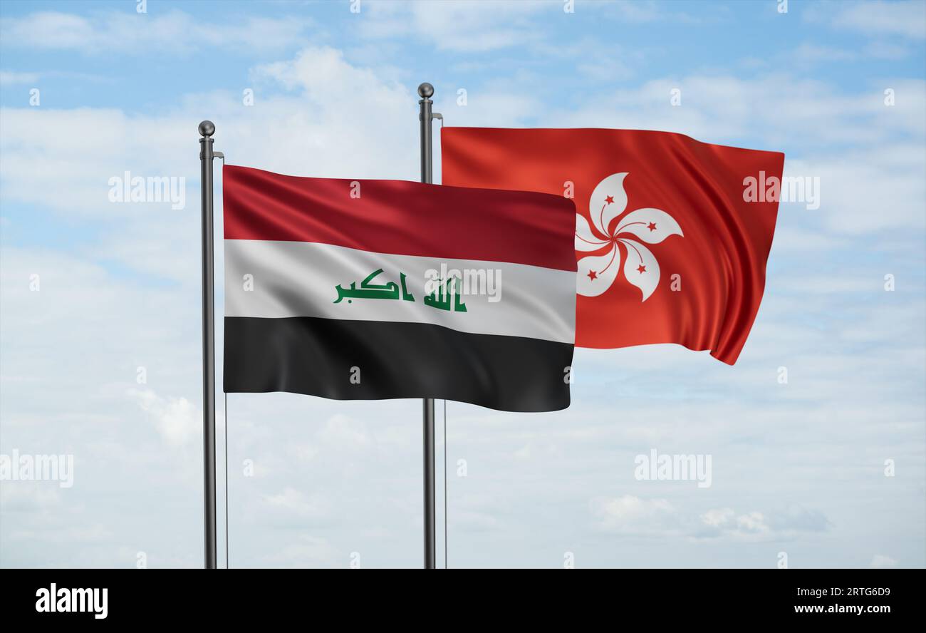 Hong Kong flag and Iraq flag waving together on blue sky, two country ...