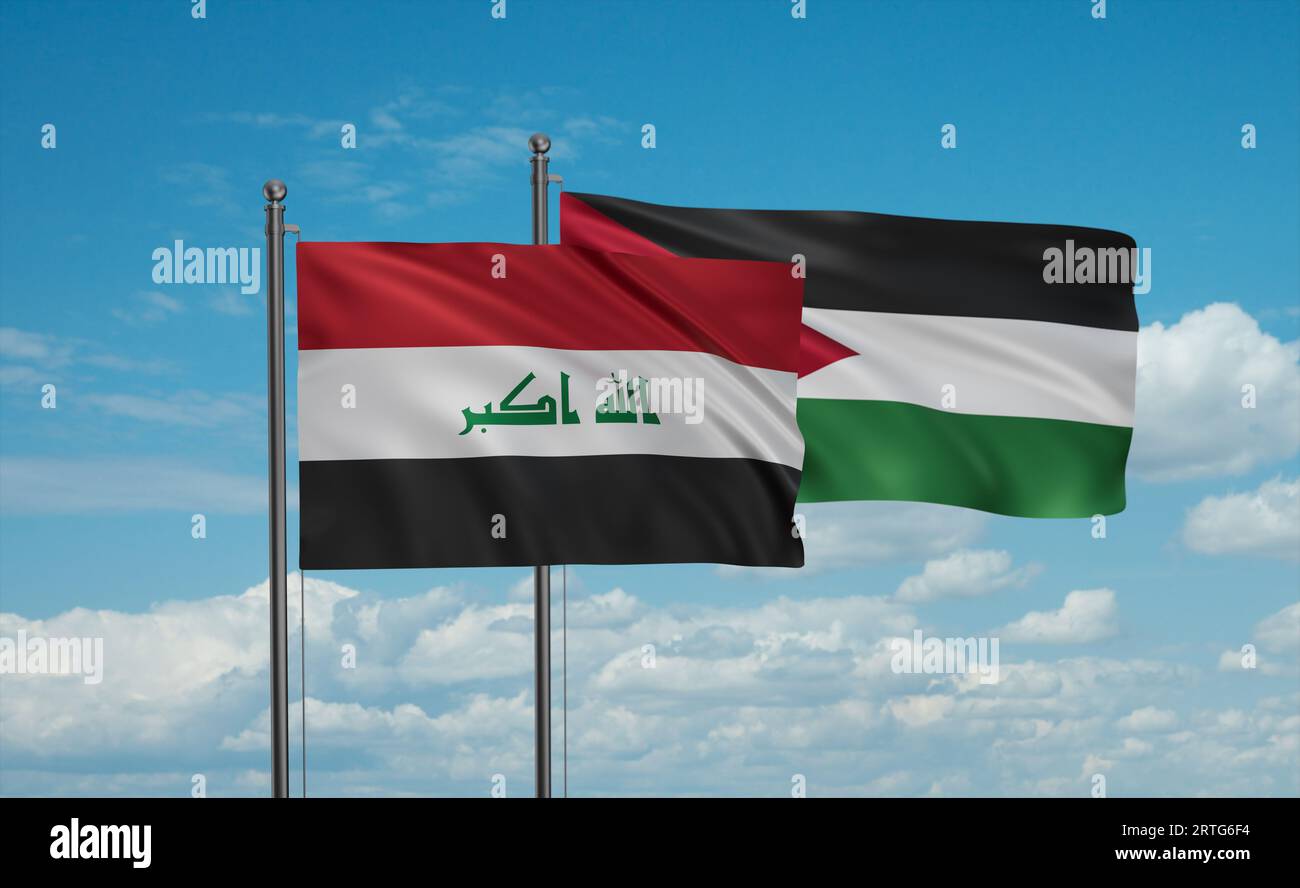 Jordan and Iraq flag waving together in the wind on blue sky, two ...