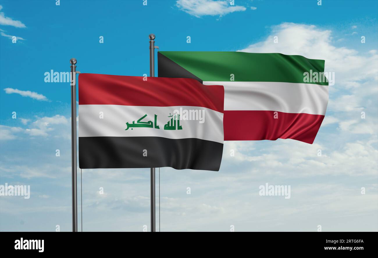 Kuwait and Iraq flag waving together in the wind on blue sky, two ...
