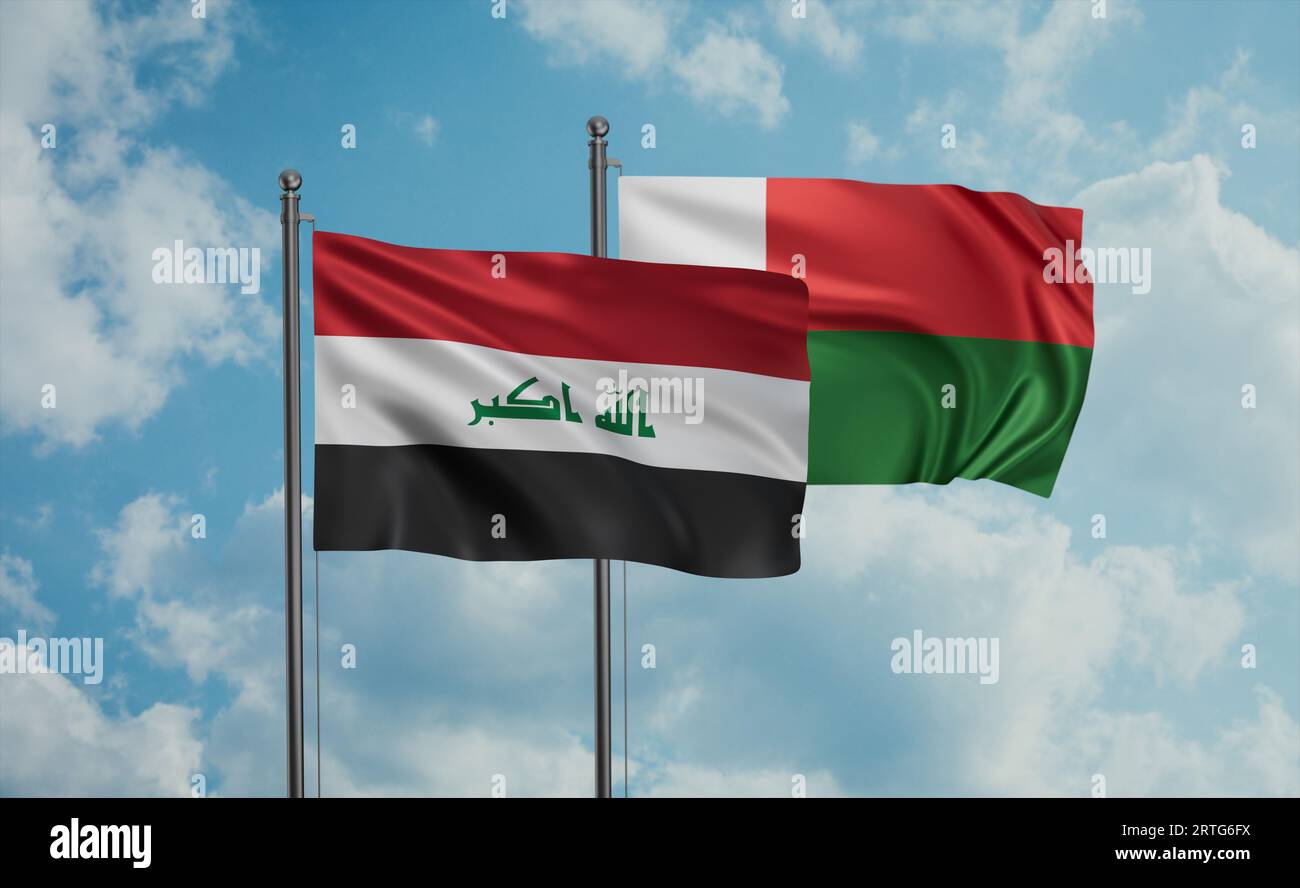 Madagascar flag and Iraq flag waving together on blue sky, two country ...