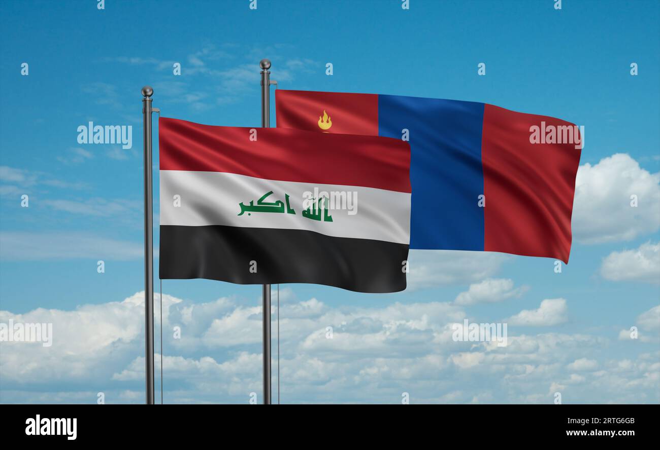 Mongolia and Iraq flag waving together in the wind on blue sky, two ...