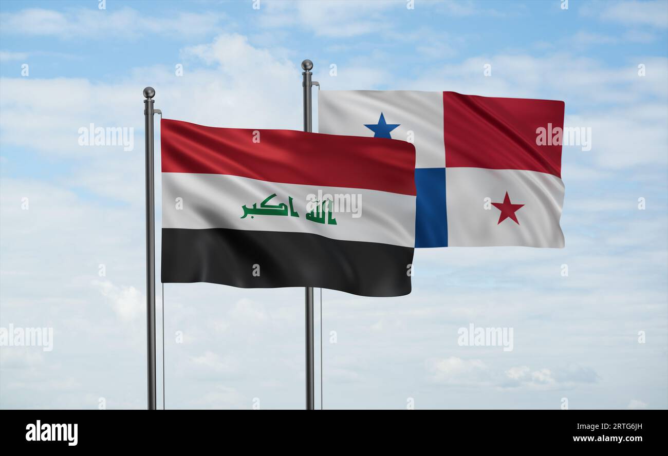 Panama flag and Iraq flag waving together on blue sky, two country ...