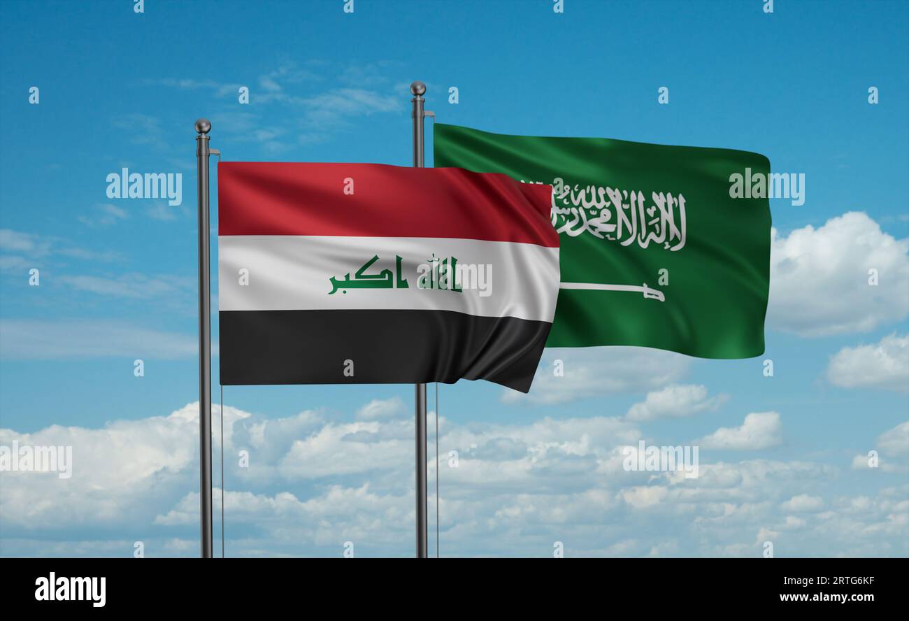 Iraq and Saudi Arabia flags waving together in the wind on blue sky ...