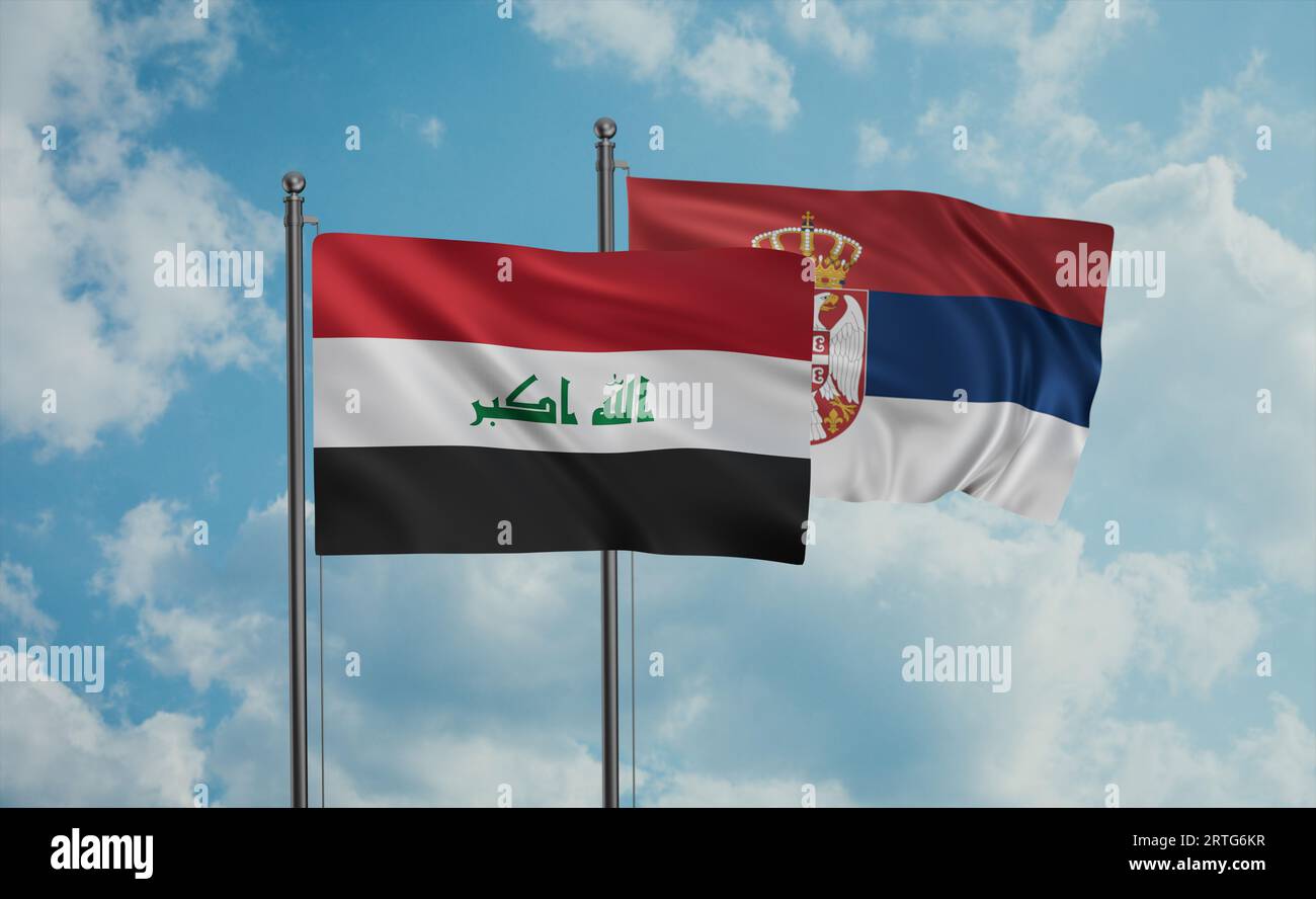 Republic of Serbia and Iraq flag waving together in the wind on blue ...