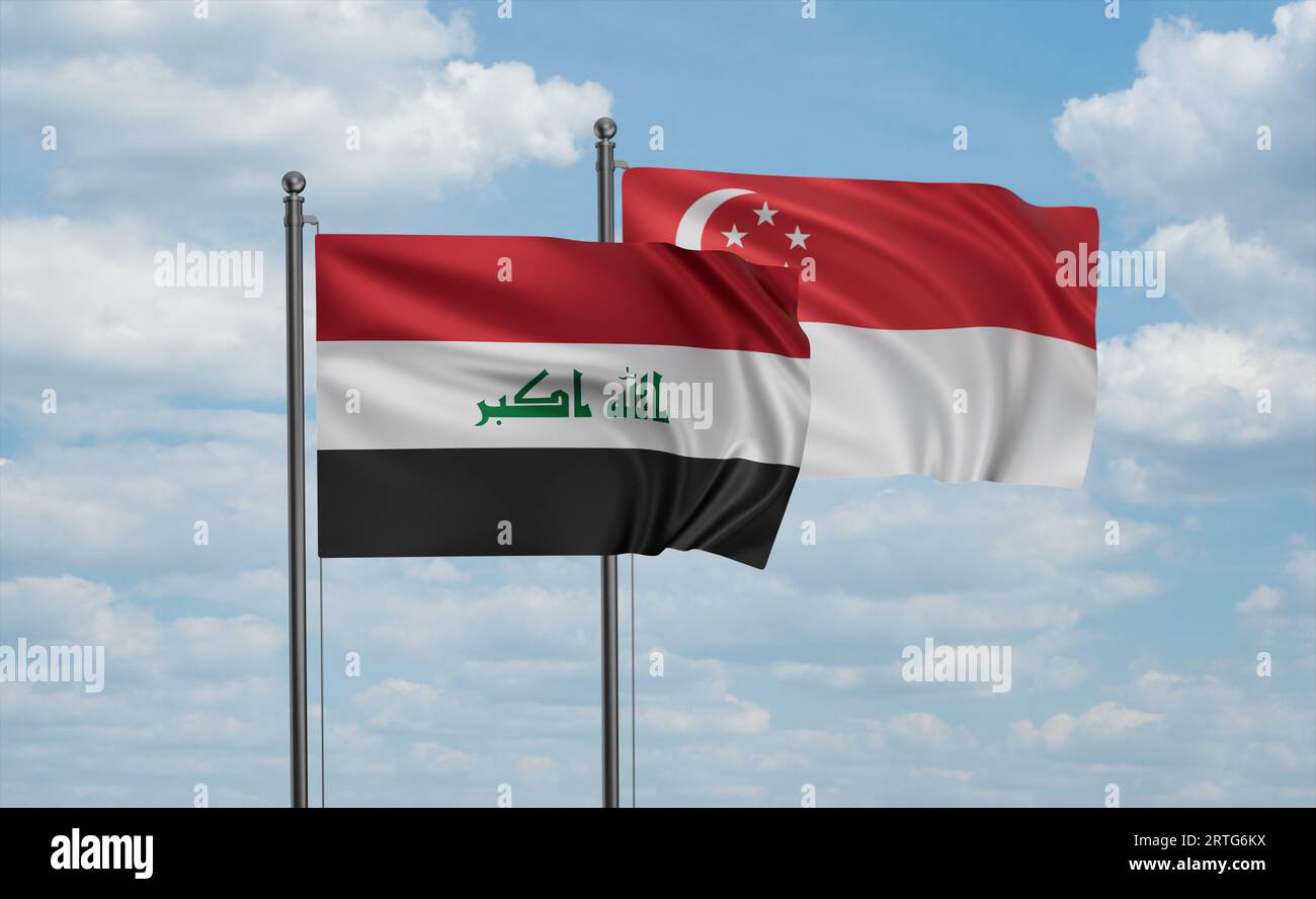Republic of Singapore and Iraq flag waving together in the wind on blue ...