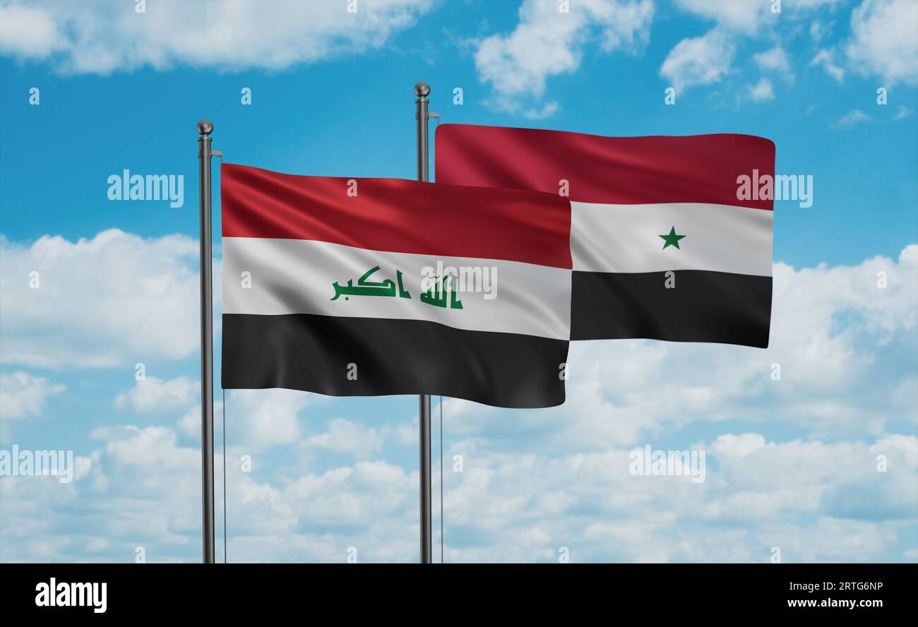 Syrian Arab Republic, Syria and Iraq flag waving together in the wind ...