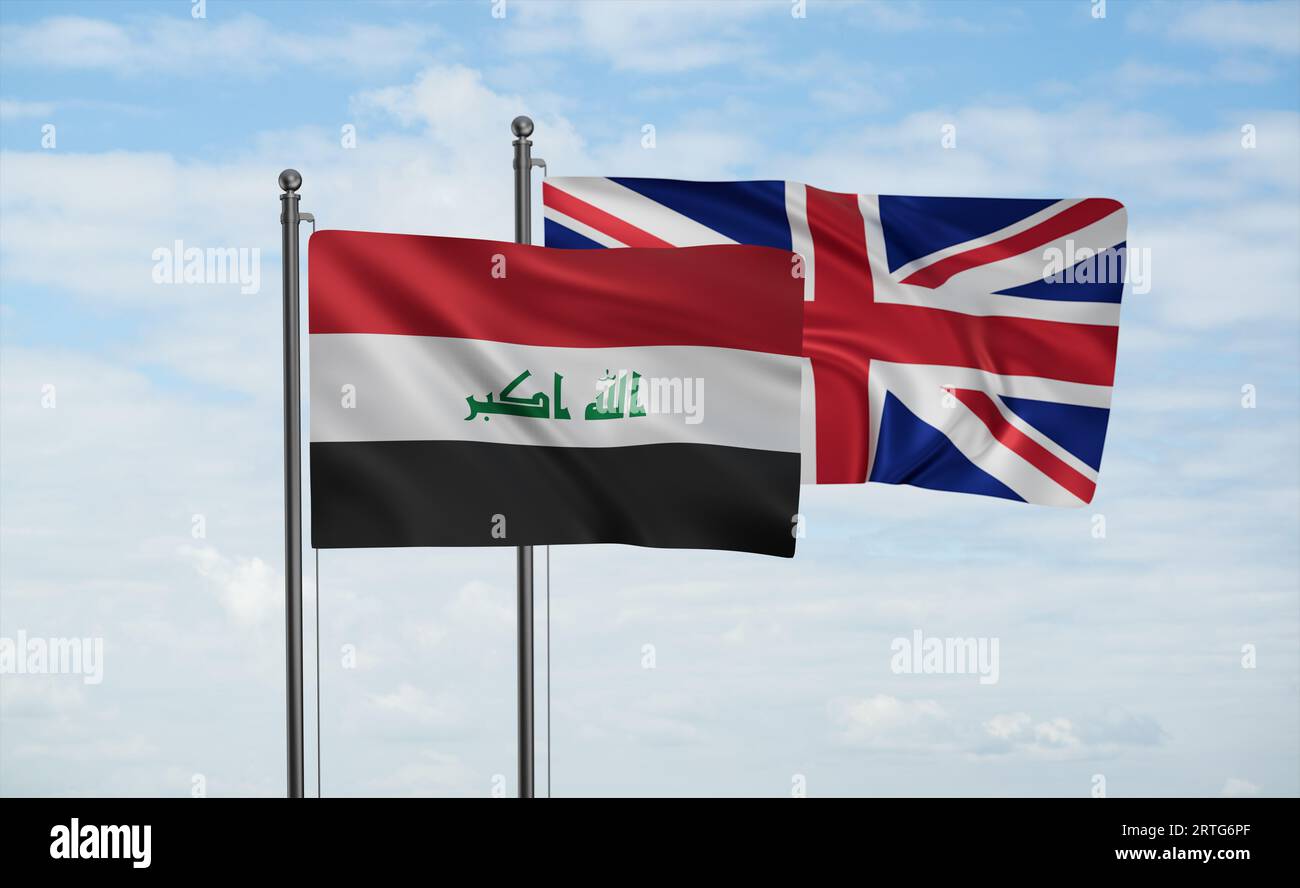 United Kingdom and Iraq flag waving together in the wind on blue sky ...