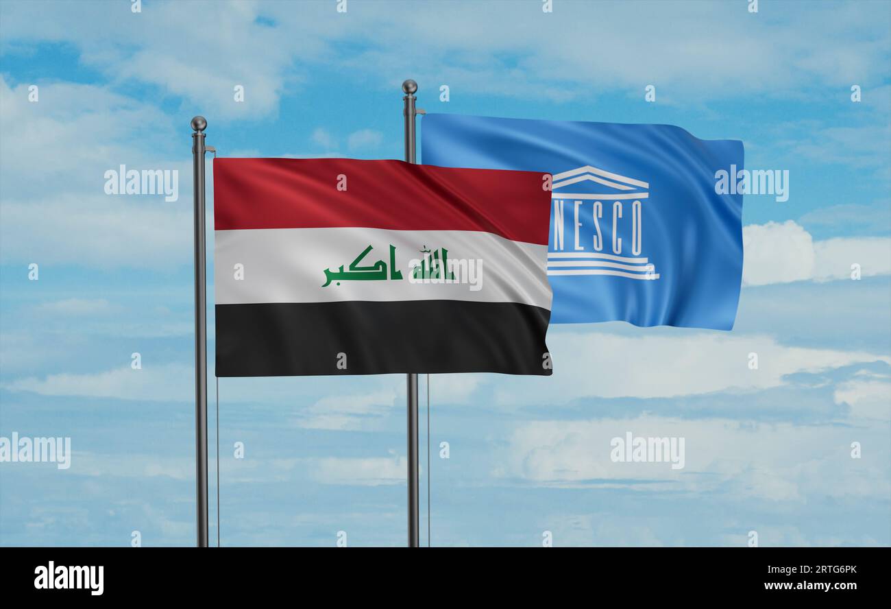 UNESCO and Iraq flag waving together in the wind on blue sky Stock ...