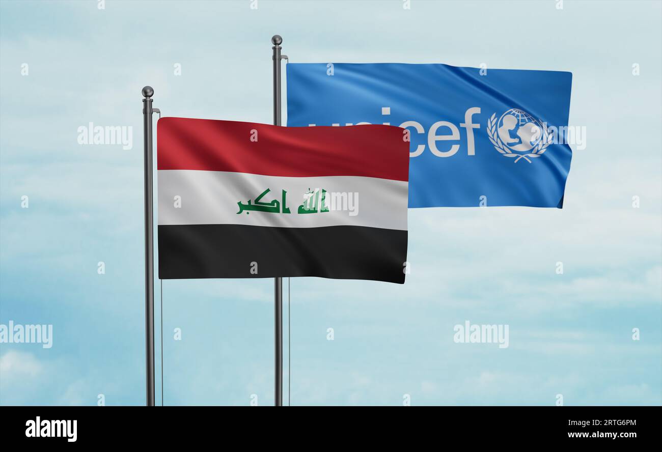 UNICEF and Iraq flag waving together in the wind on blue sky Stock ...