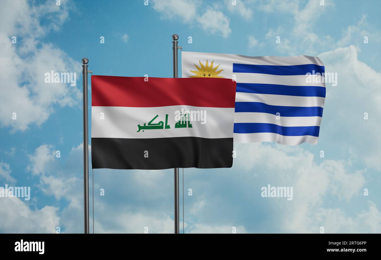 Uruguay and Iraq flag waving together in the wind on blue sky, two ...