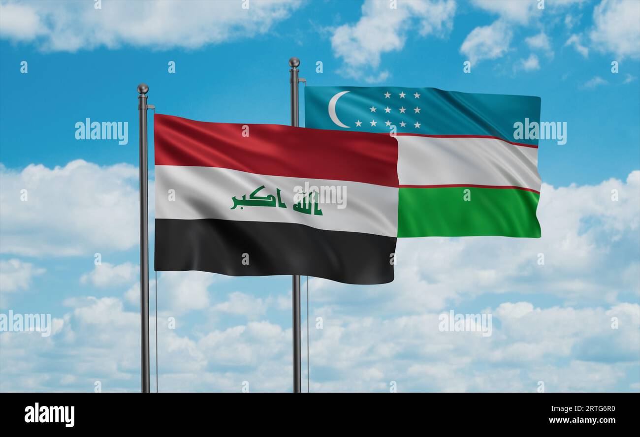 Republic of Uzbekistan and Iraq flag waving together in the wind on ...