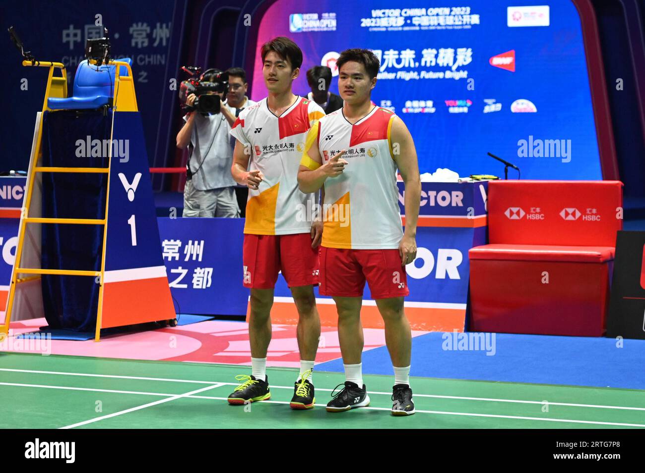 Chinese badminton players Liang Weikeng, Wang Chang defeat Malaysian badminton players Aaron ...