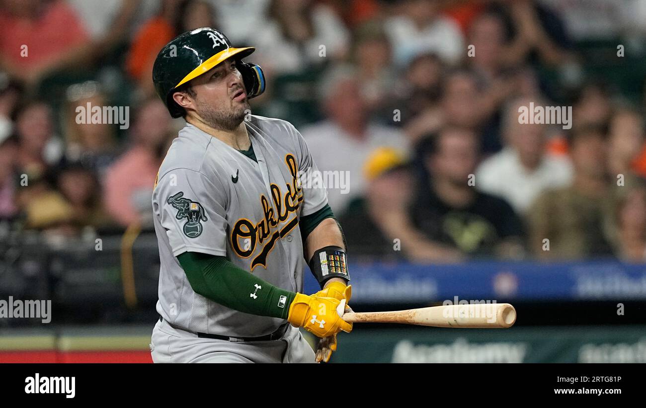 Oakland Athletics' Shea Langeliers hits a home run against the Houston ...