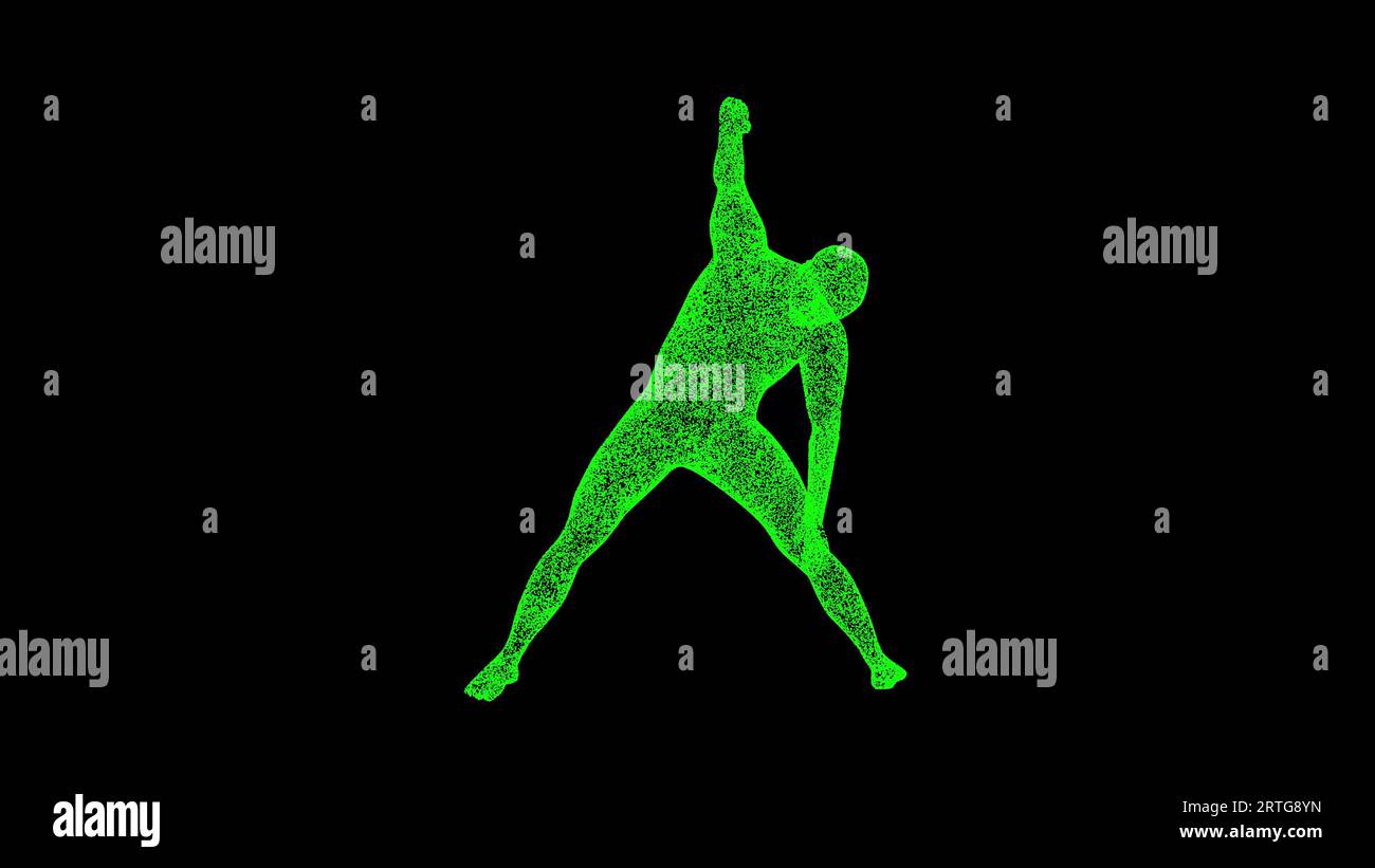 3D man performs stretching on black background. Sports and Competitions ...