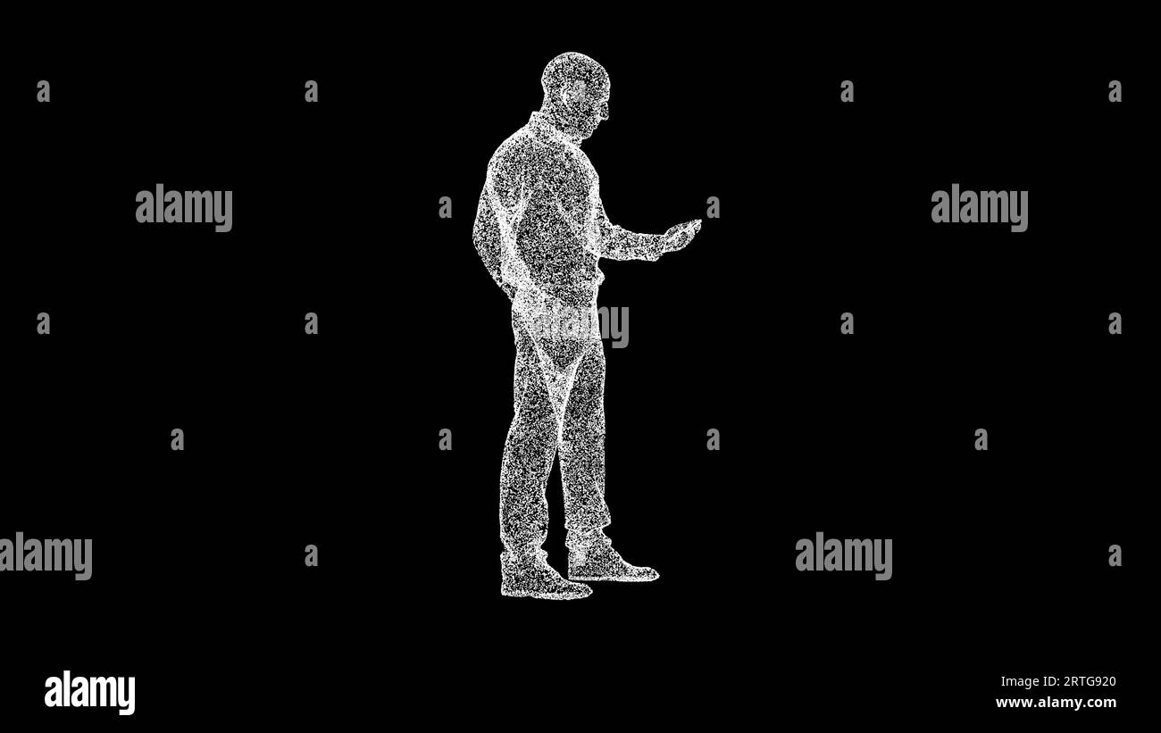 3D man with mobile phone on black background. Modern technology concept ...