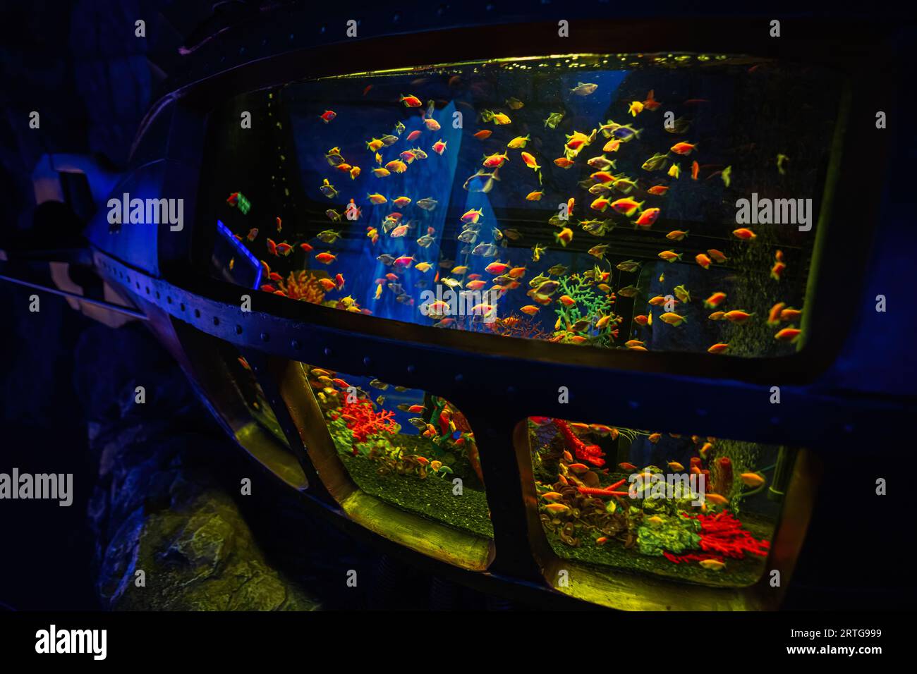 Vintage old underwater submarine with fishes inside at oceanarium ...