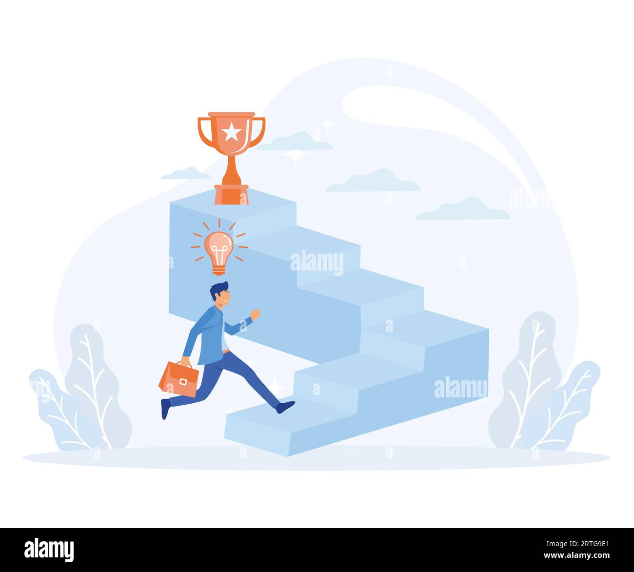 The concept of successful people. Businessman runs to the gold cup ...