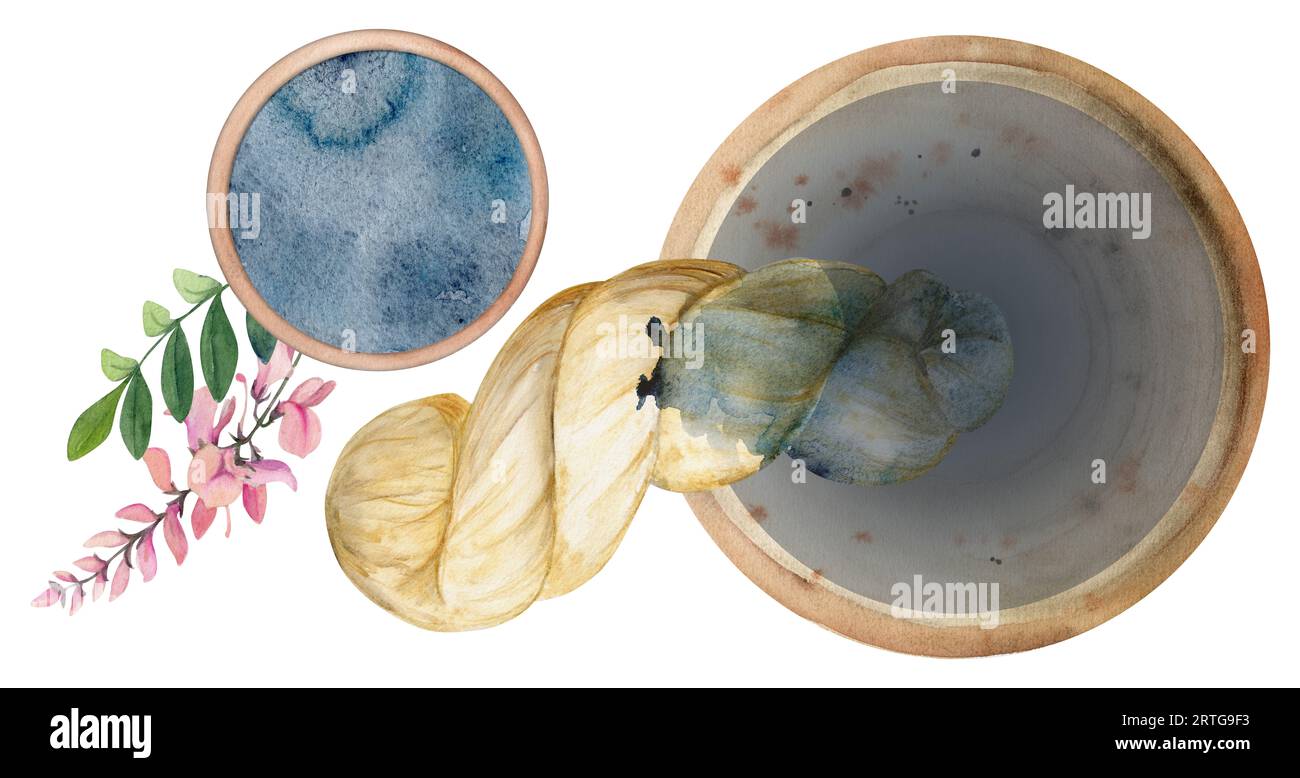 Hand drawn watercolor indigo coloring natural plant dye and materials ...