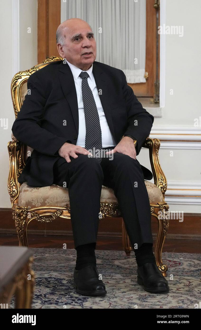 Iraqi Foreign Minister Fuad Hussein speaks during a meeting with his ...