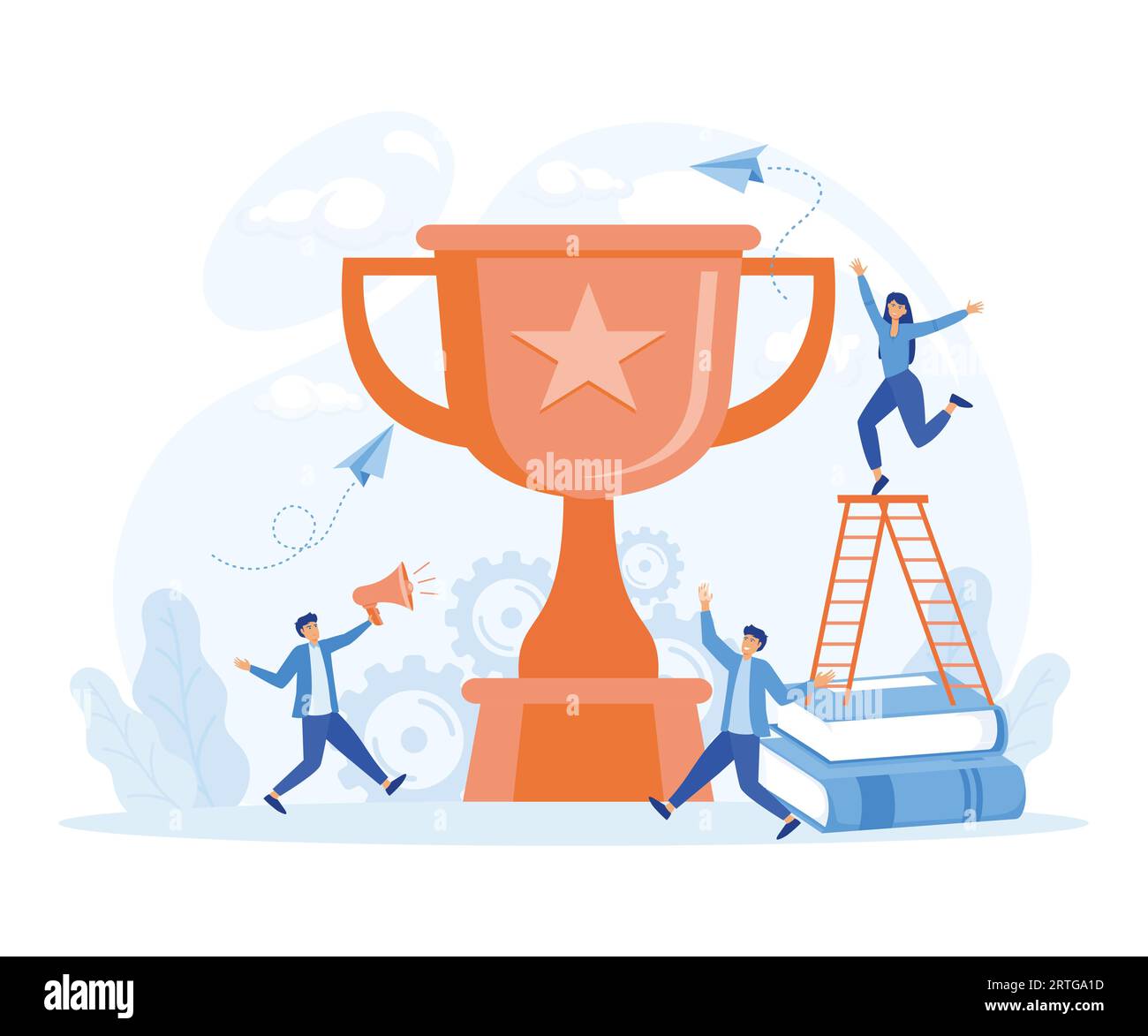 Success team concept. people celebrate success with big trophy. flat vector modern illustration ...