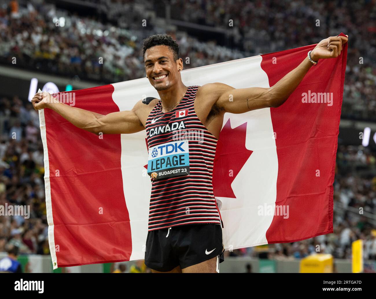 Pierce LePage of Canada celebrates his win in the men’s decathlon on ...