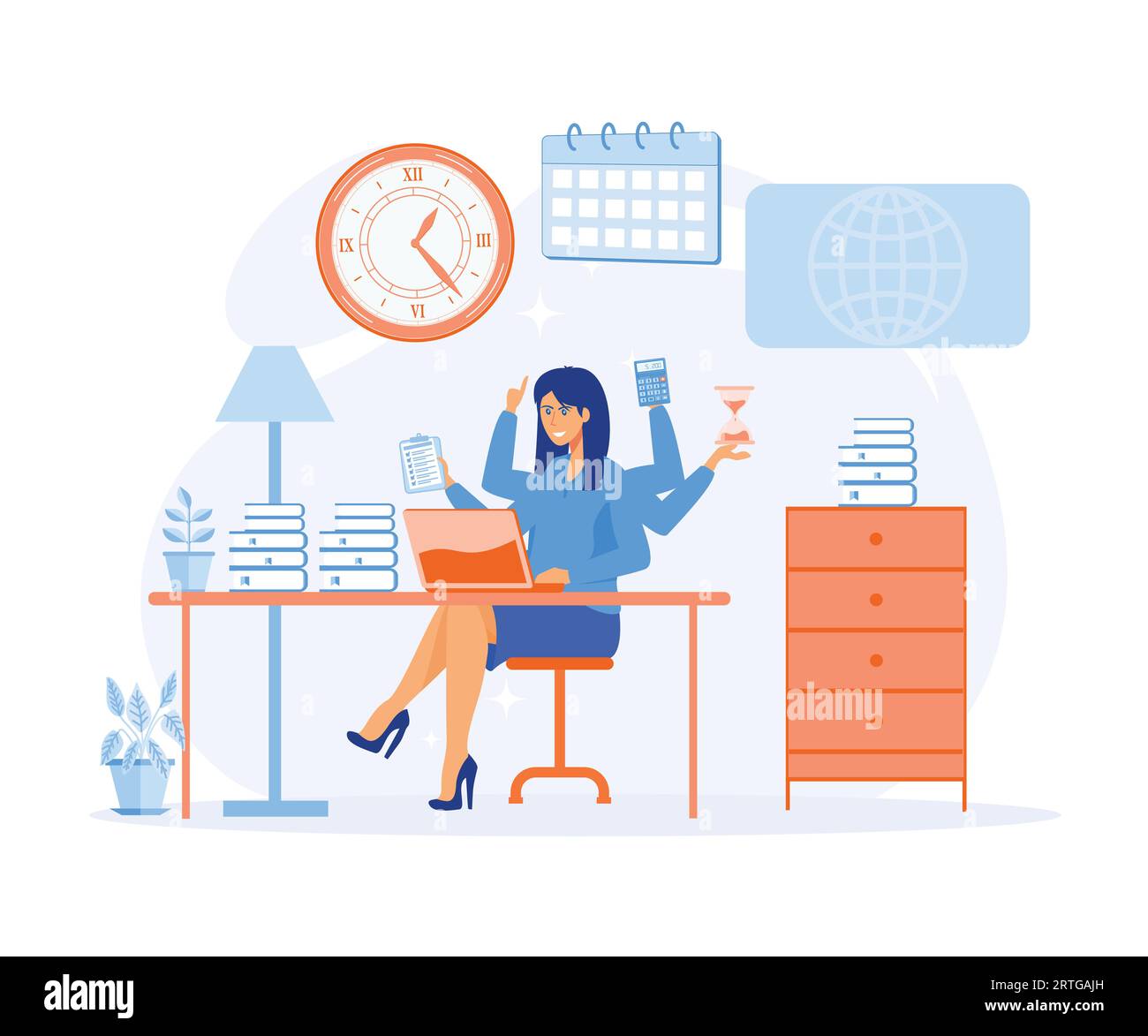 Multitasking and Time Management Concept. Business woman surrounded by ...
