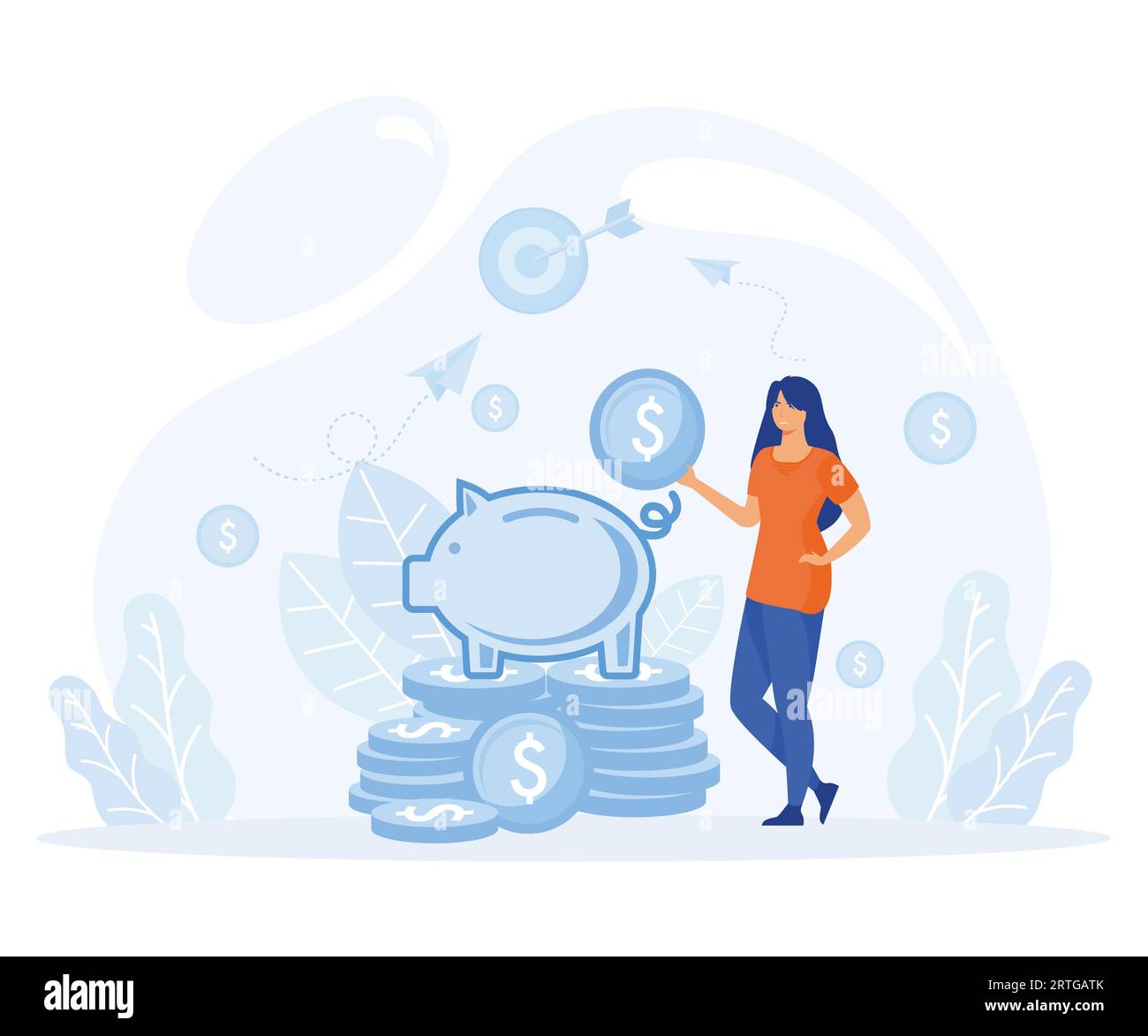 saving money concept, financial management, girl putting coin into ...