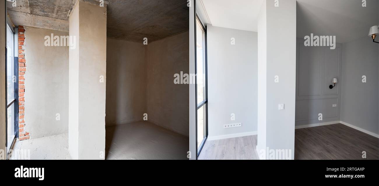 Empty apartment room with plastic windows before and after restoration ...