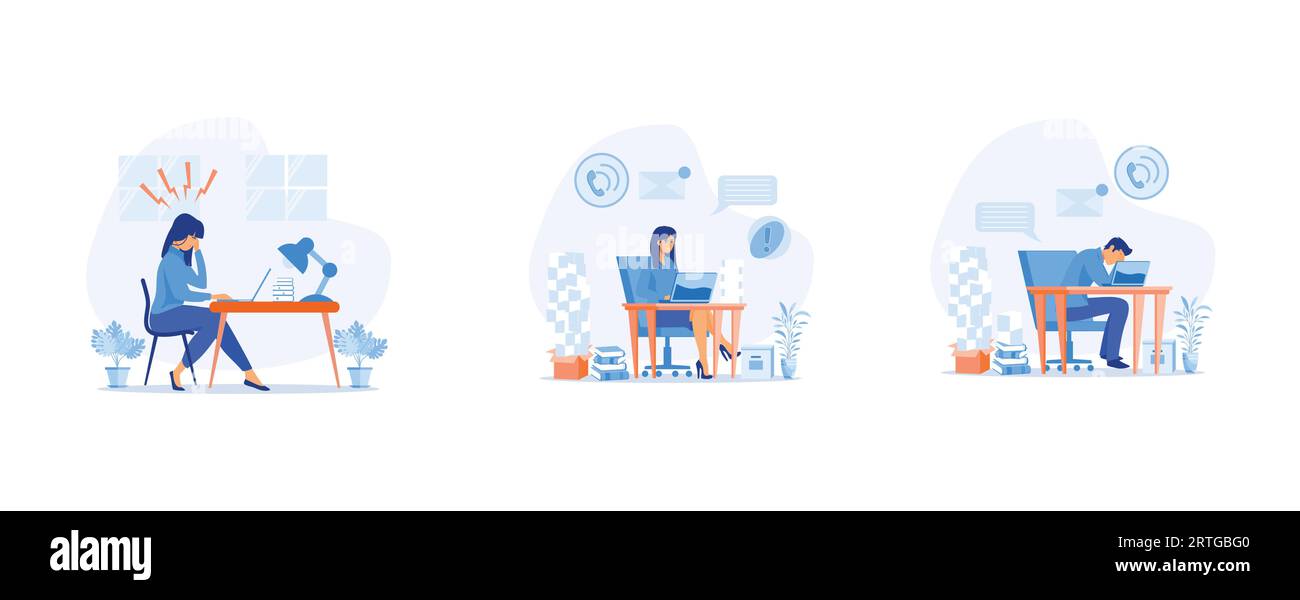 Stress in the office. Rush work, headache. Tired and exasperated office ...