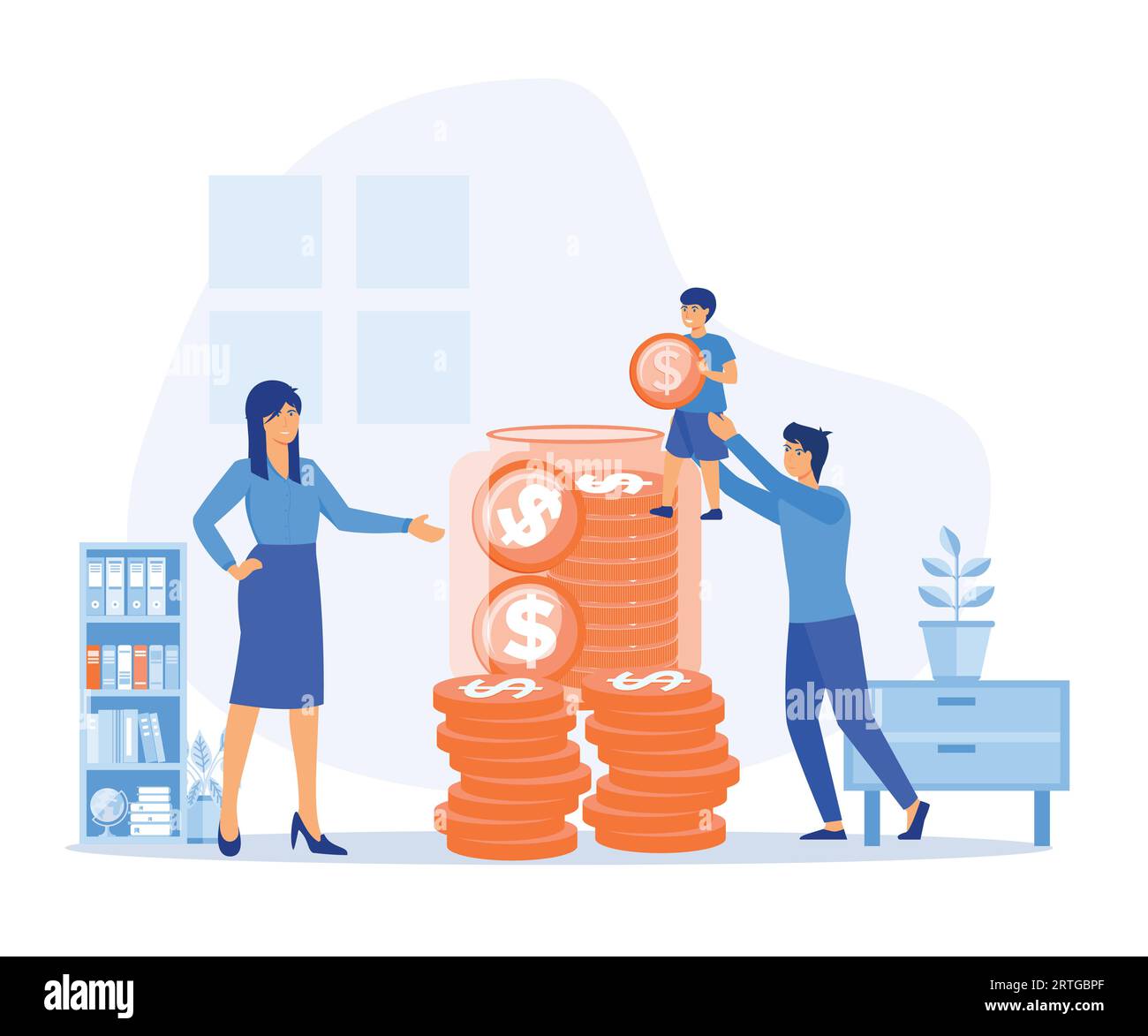 money saving concept. Father and mother teach children to save money ...