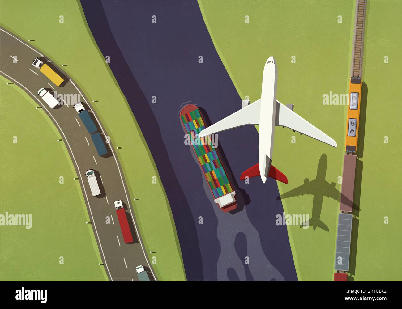 Airplane flying over commercial semi-trucks, train and container ship ...