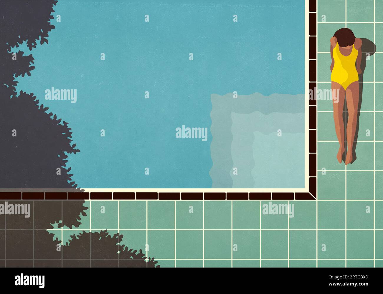 Woman in yellow bathing suit sunbathing at sunny, summer poolside Stock ...