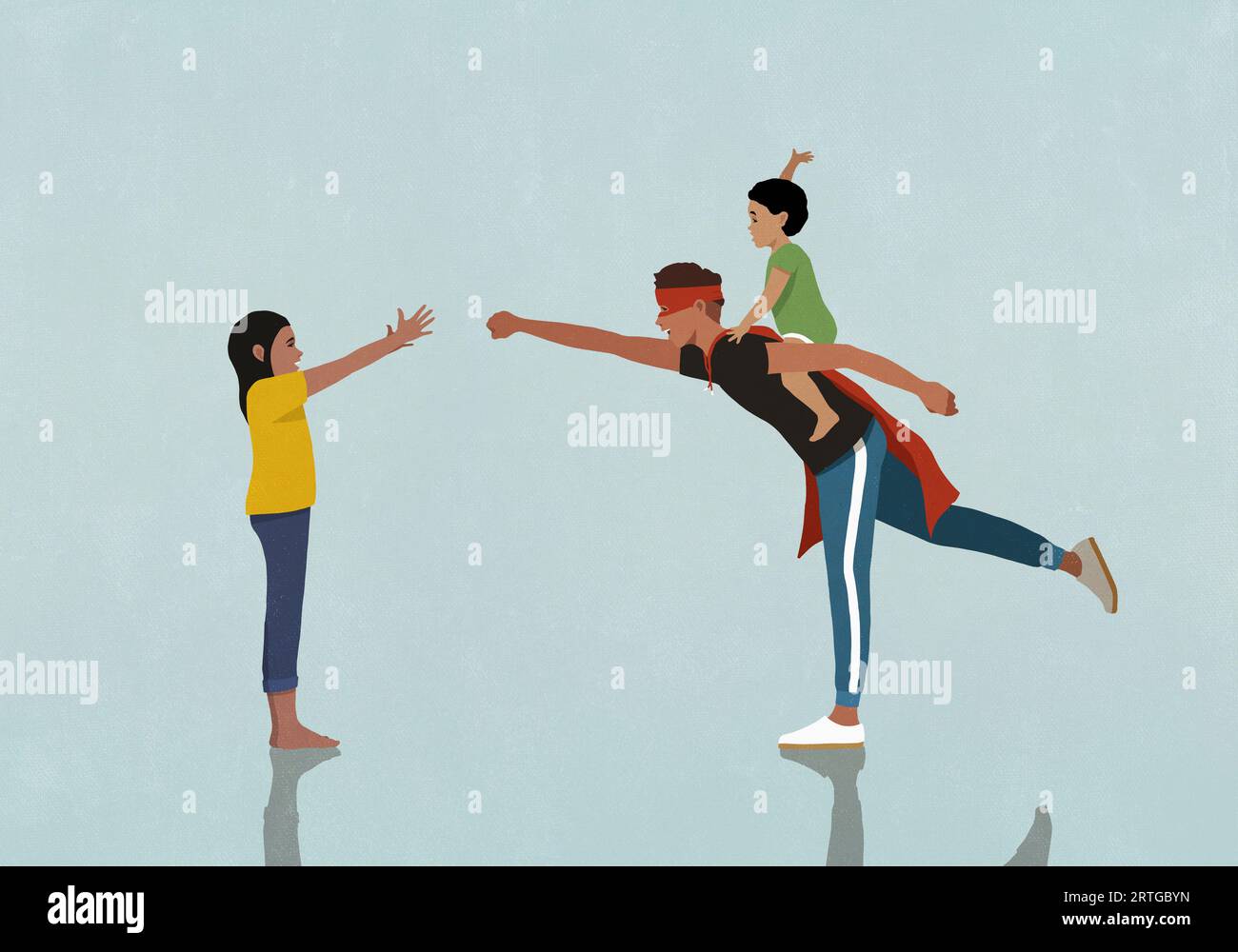 Girl cheering for father in superhero costume piggybacking baby brother ...