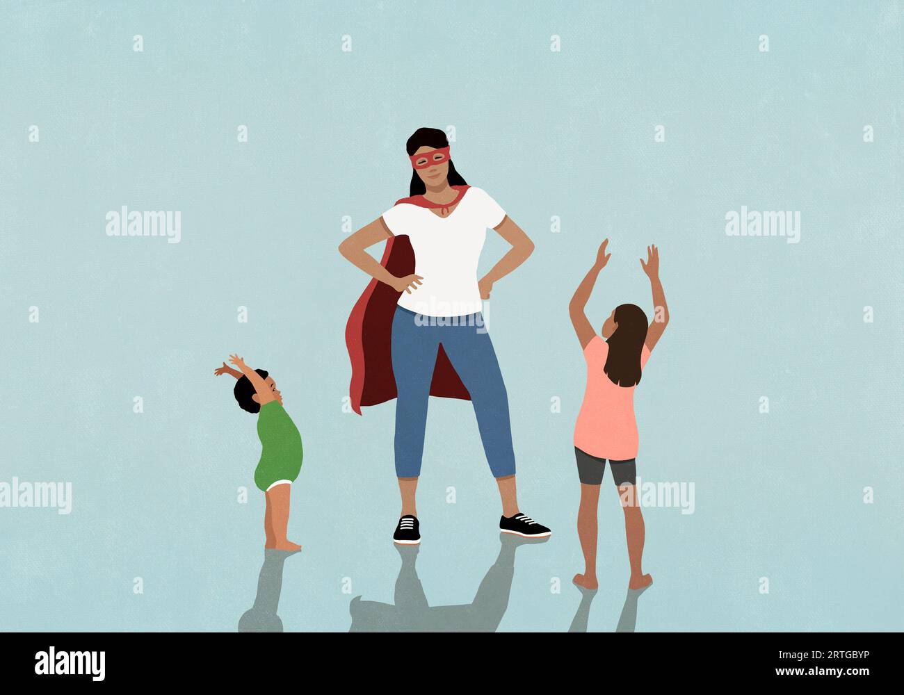 Kids cheering for confident mom in superhero costume Stock Photo - Alamy