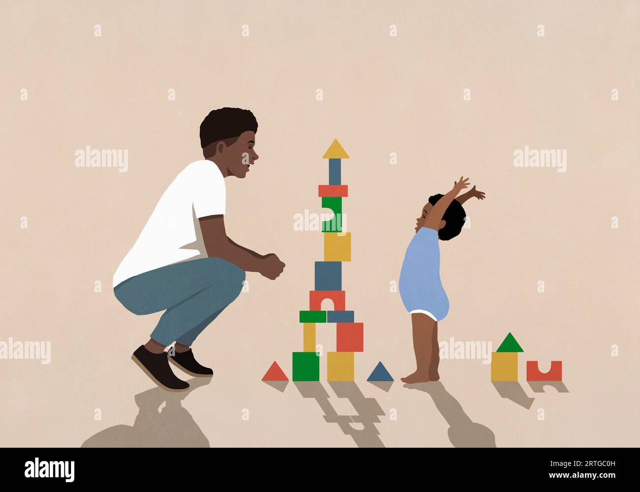 Father watching happy baby son playing, stacking toy blocks Stock Photo ...