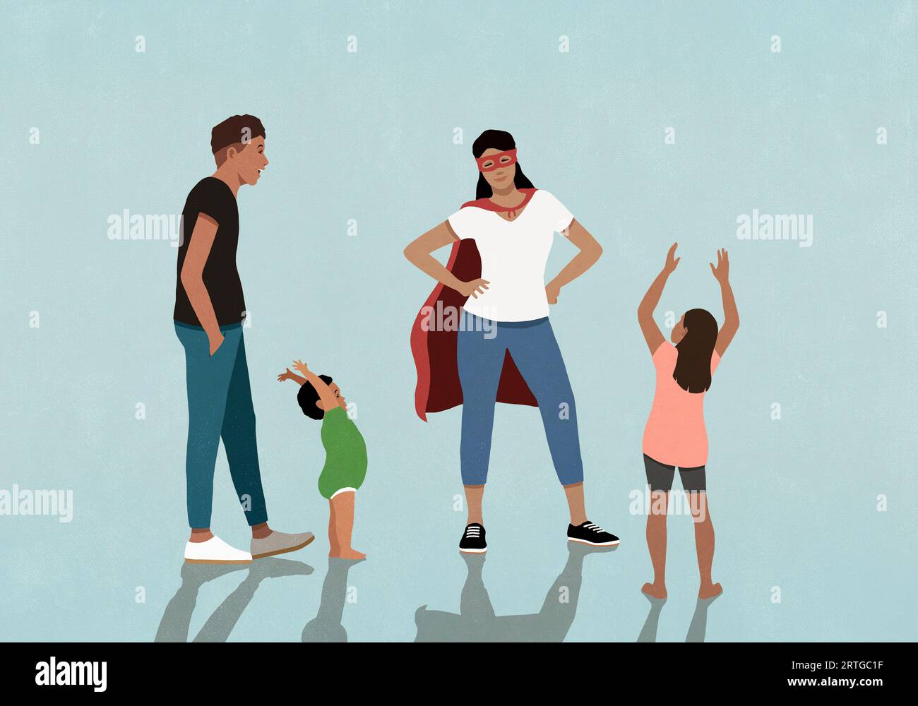 Family cheering for mother in superhero cape Stock Photo - Alamy
