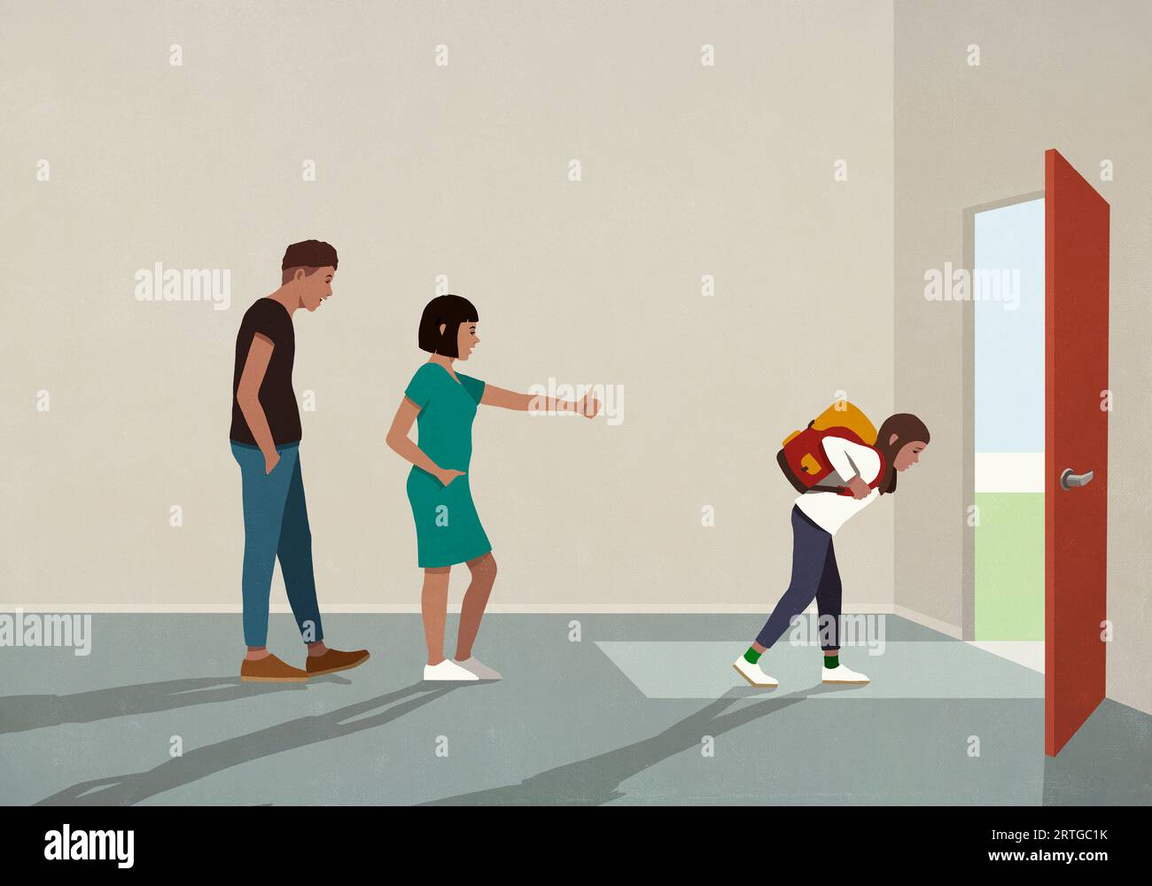 Parents cheering for daughter leaving home with heavy backpack Stock ...