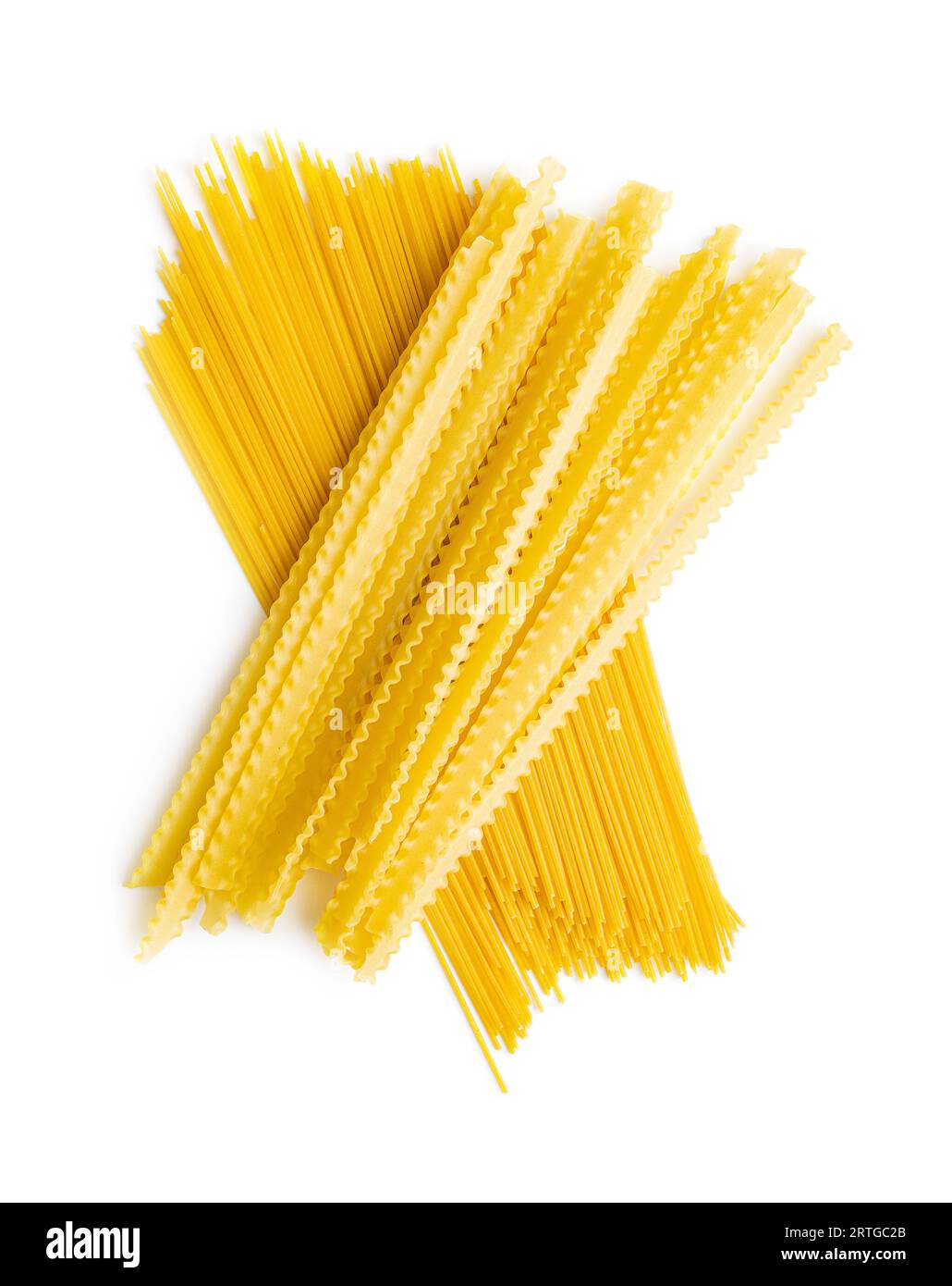 Uncooked mafaldine and spaghetti pasta. Raw long mafalda pasta isolated ...