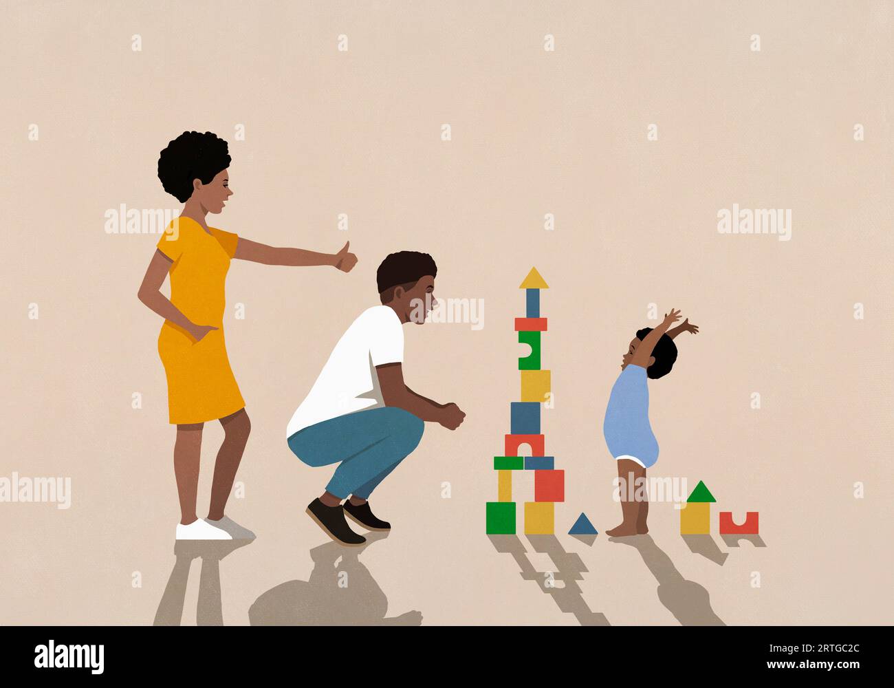 Parents cheering for happy baby son playing, stacking toy blocks Stock ...