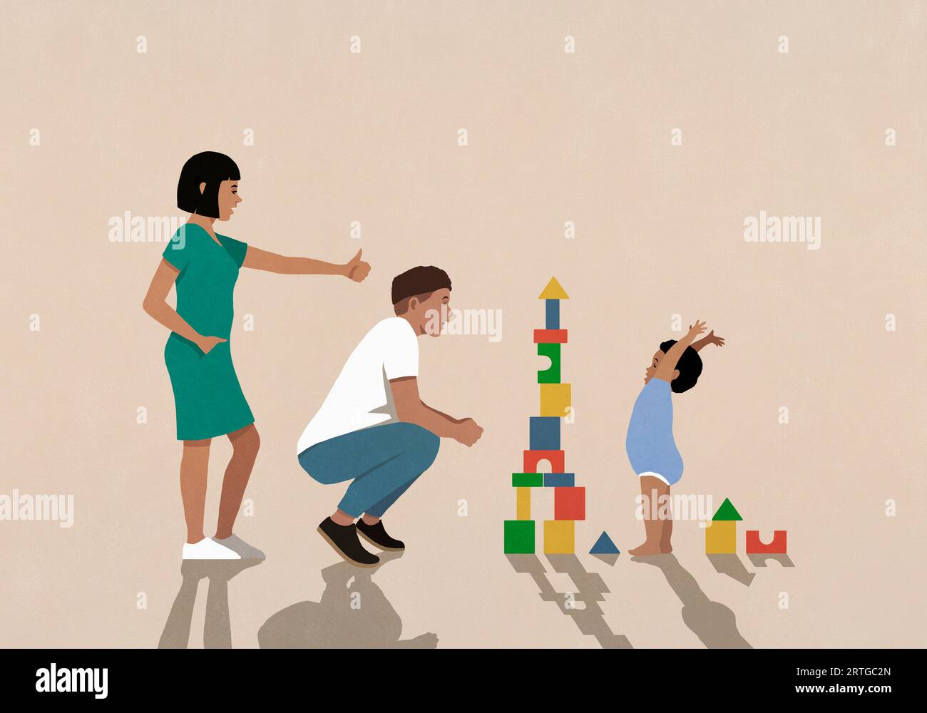 Parents cheering for happy baby son playing, stacking toy blocks Stock ...