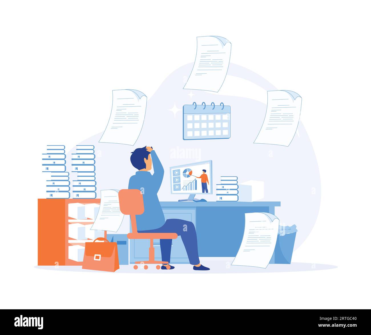 Man overwork in office, Manager sitting at computer desk with stack of ...