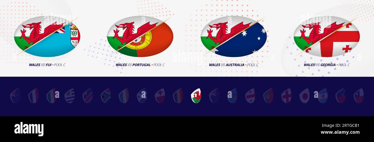 Rugby competition icons of Wales rugby national team, all four matches ...