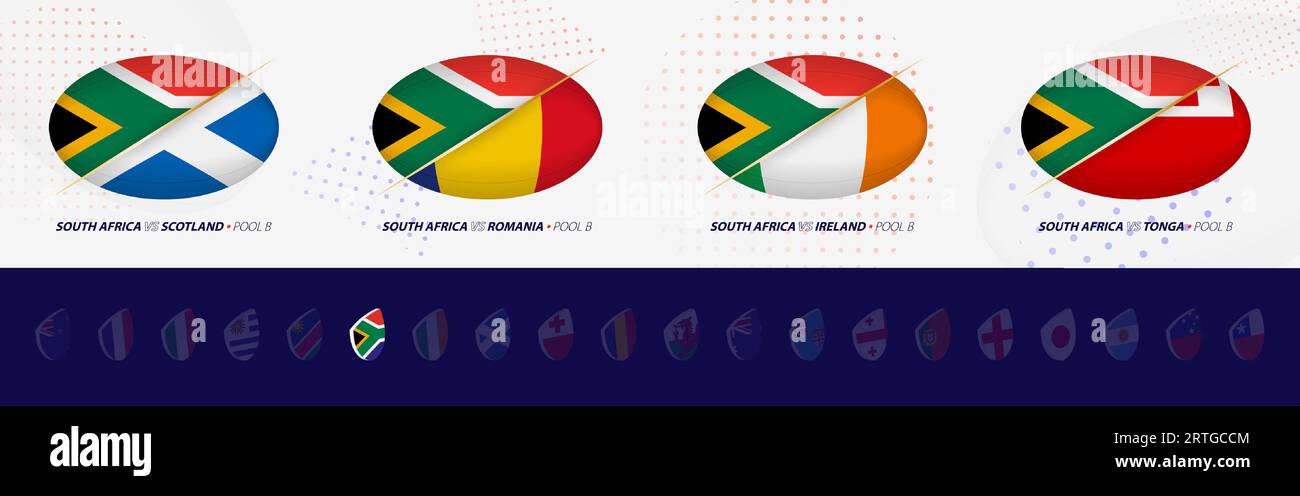 Rugby competition icons of South Africa rugby national team, all four matches icon in pool ...
