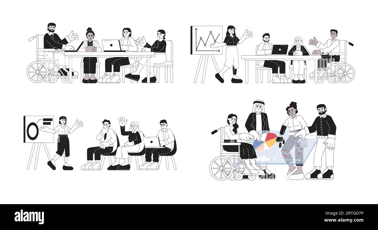 Diverse team works together black and white cartoon flat illustration ...
