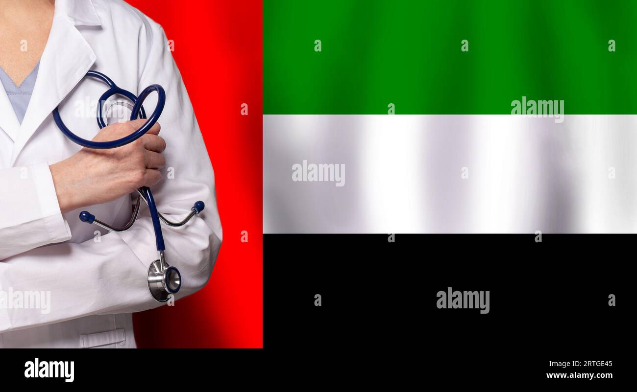 UAE medicine and healthcare concept. Doctor close up against flag of ...