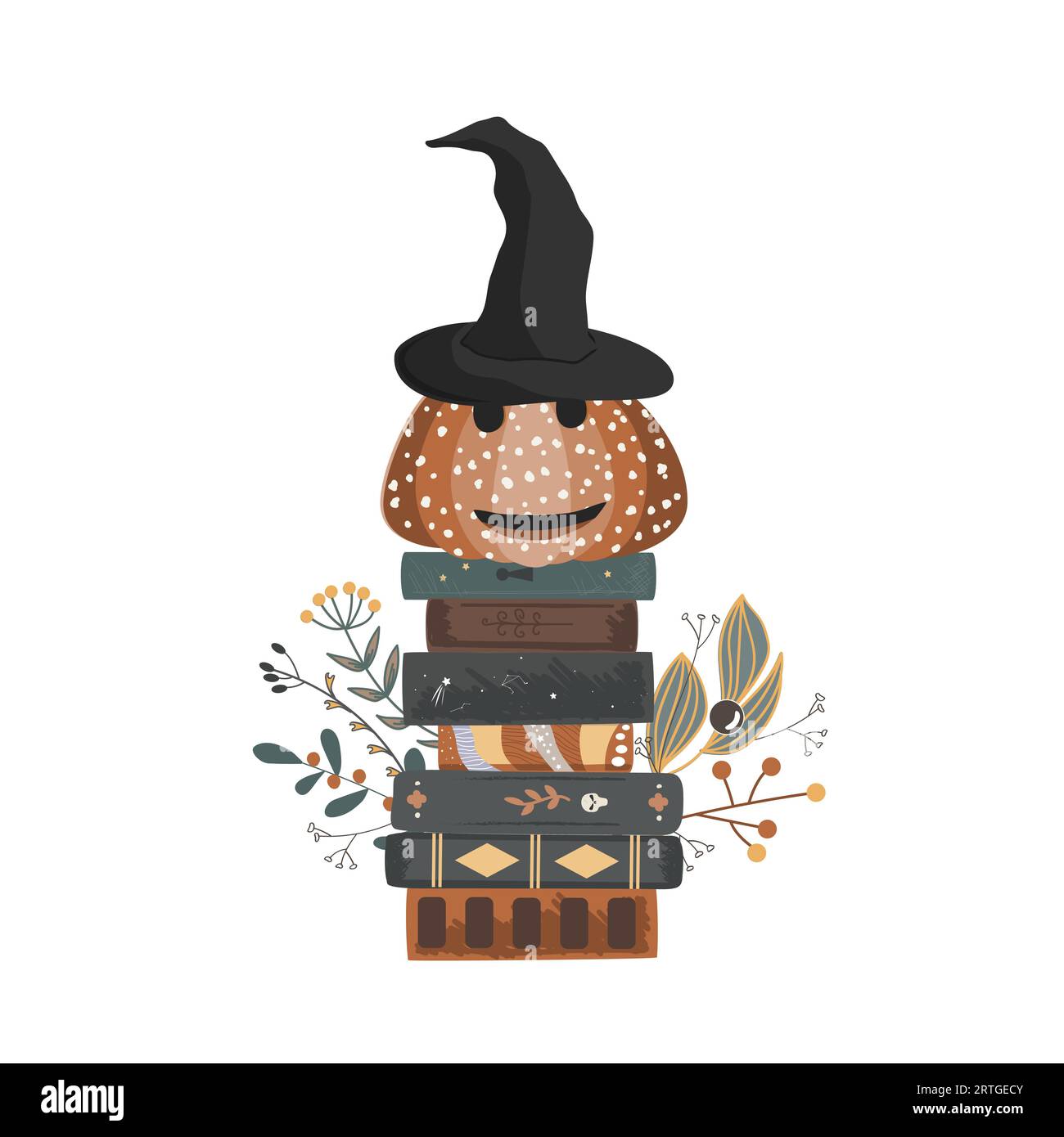 Vector pile of books with flowers and pumpkin in witch hat above ...
