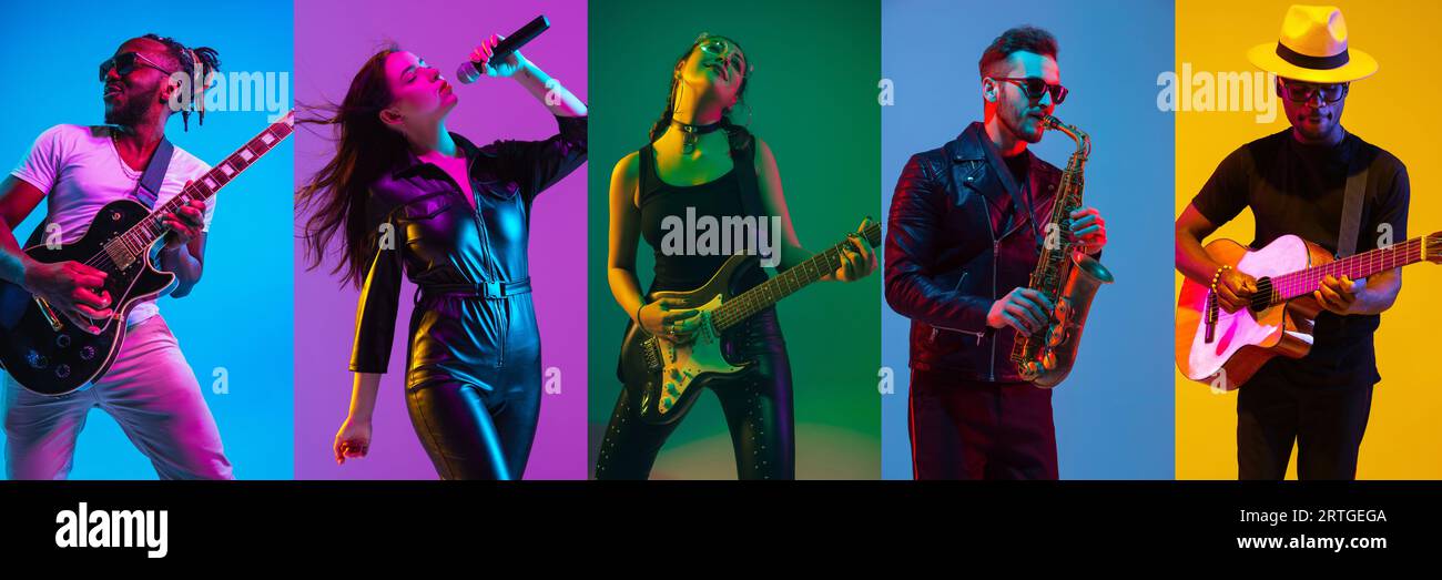 Collage made of different people, men and women singing, playing ...