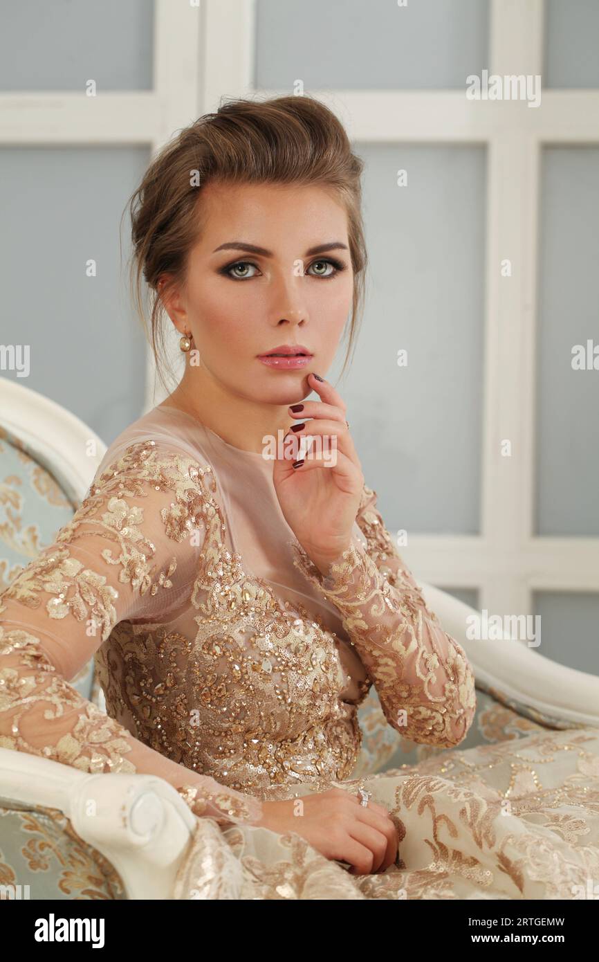 Gorgeous elegant pretty good-looking woman fashion model with makeup ...