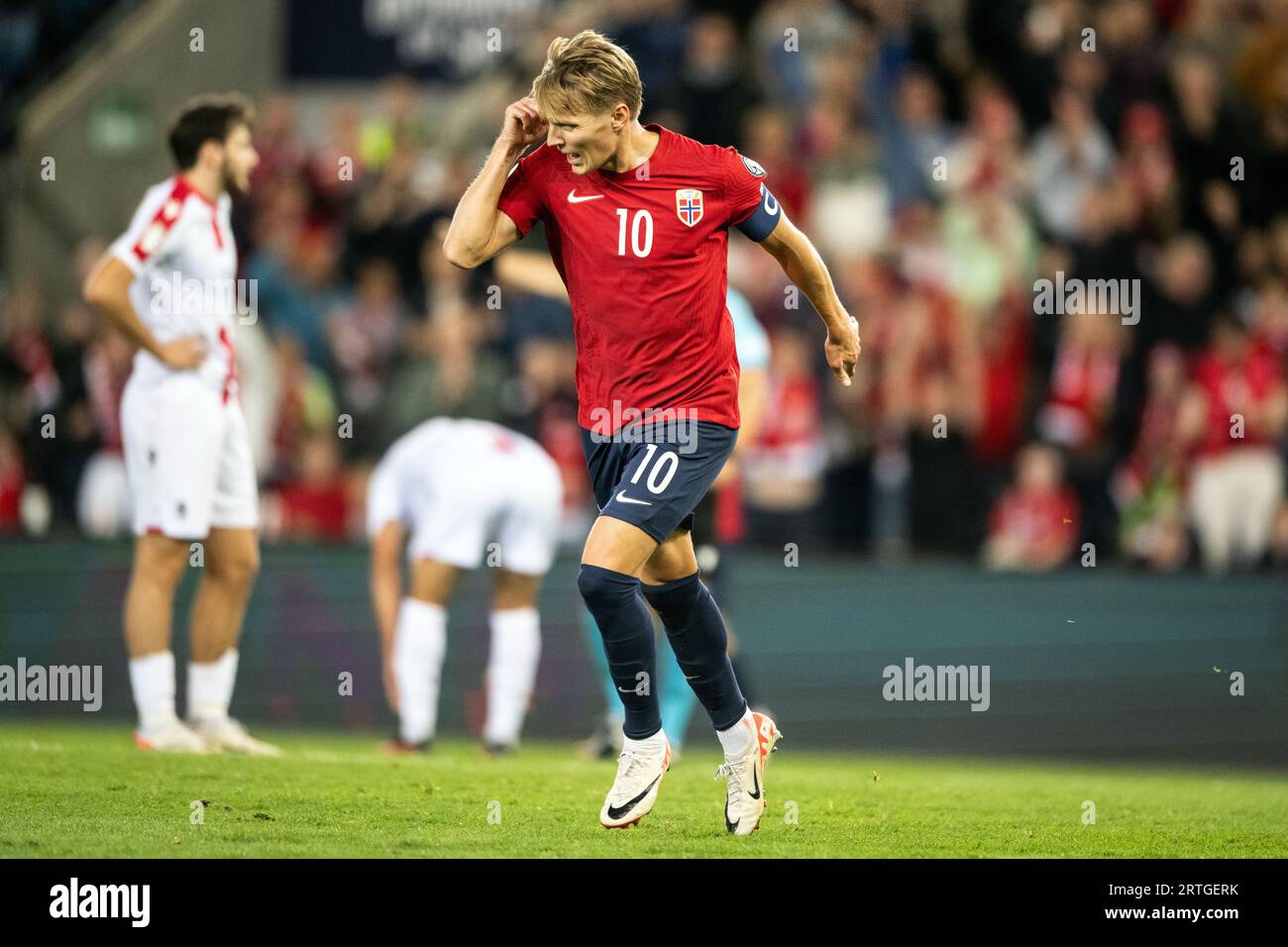 Oslo, Norway. 12th Sep, 2023. Martin Odegaard (10) of Norway scores for ...