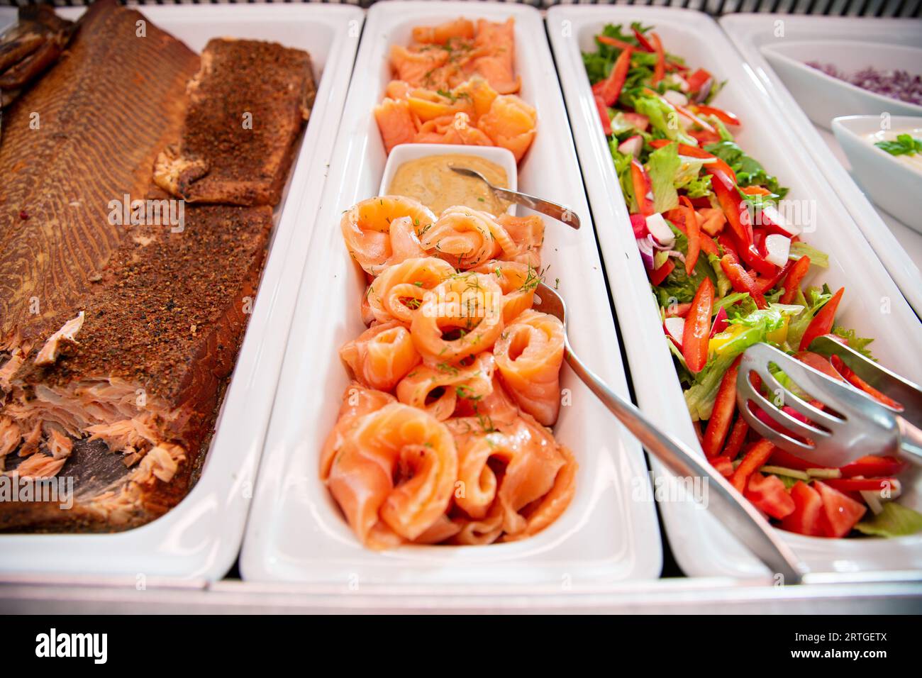 Traditional Scandinavian dish salmon gravlax, salt and sugar cured ...